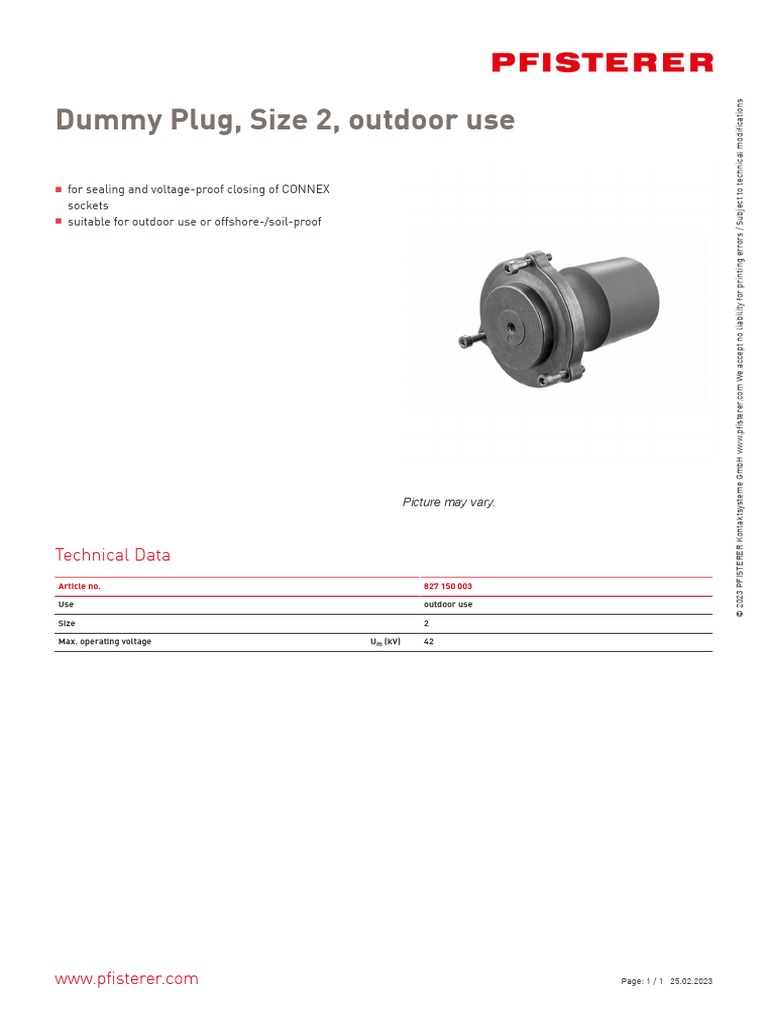 Dummy Plug, Size 2, Outdoor Use: Technical Data | PDF