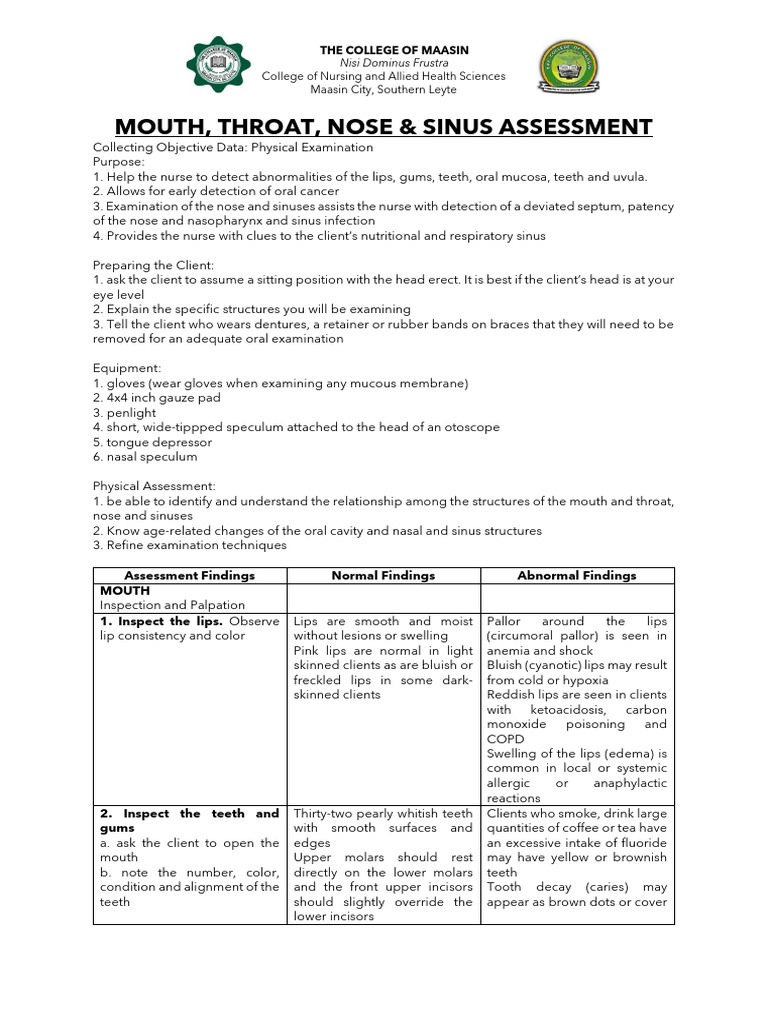 Mouth, Throat, Nose & Sinus Assessment: College of Nursing and Allied ...