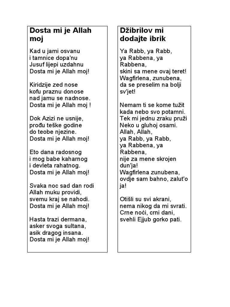 Dosta Mi Je Allah Moj, DŽibrilov Mi Dodajte Ibrik | PDF