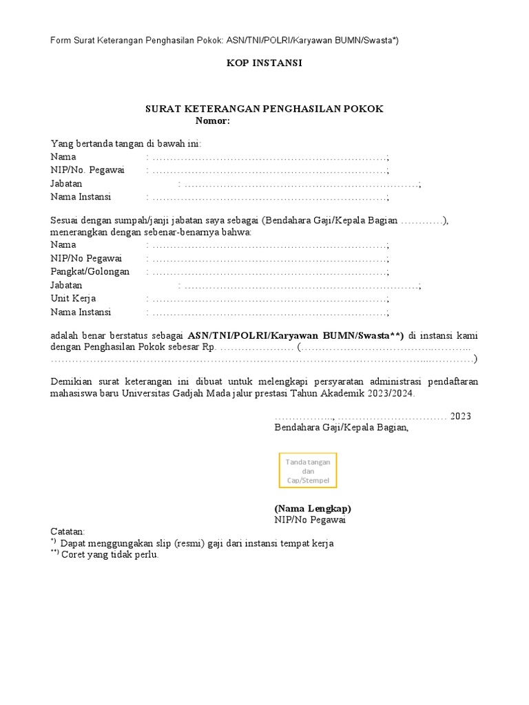 Kop Instansi: Form Surat Keterangan Penghasilan Pokok: ASN/TNI/POLRI ...
