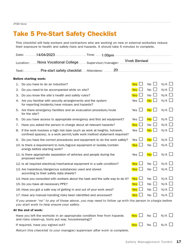Take 5 Pre-Start Safety Checklist | PDF | Occupational Safety And ...