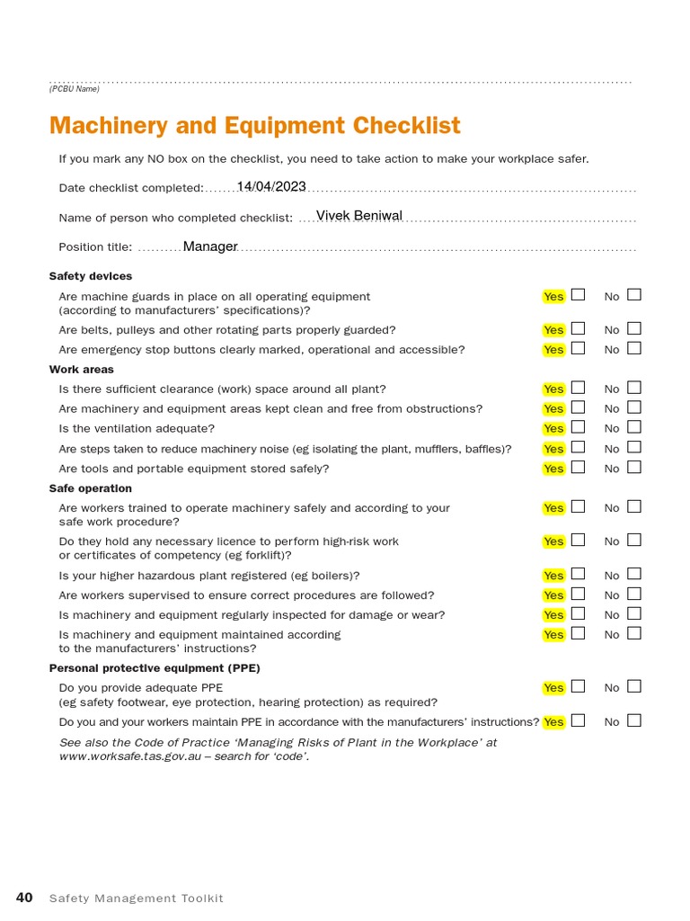 Task 2.1 WorkSafe TAS Machinery and Equipment Checklist | PDF ...