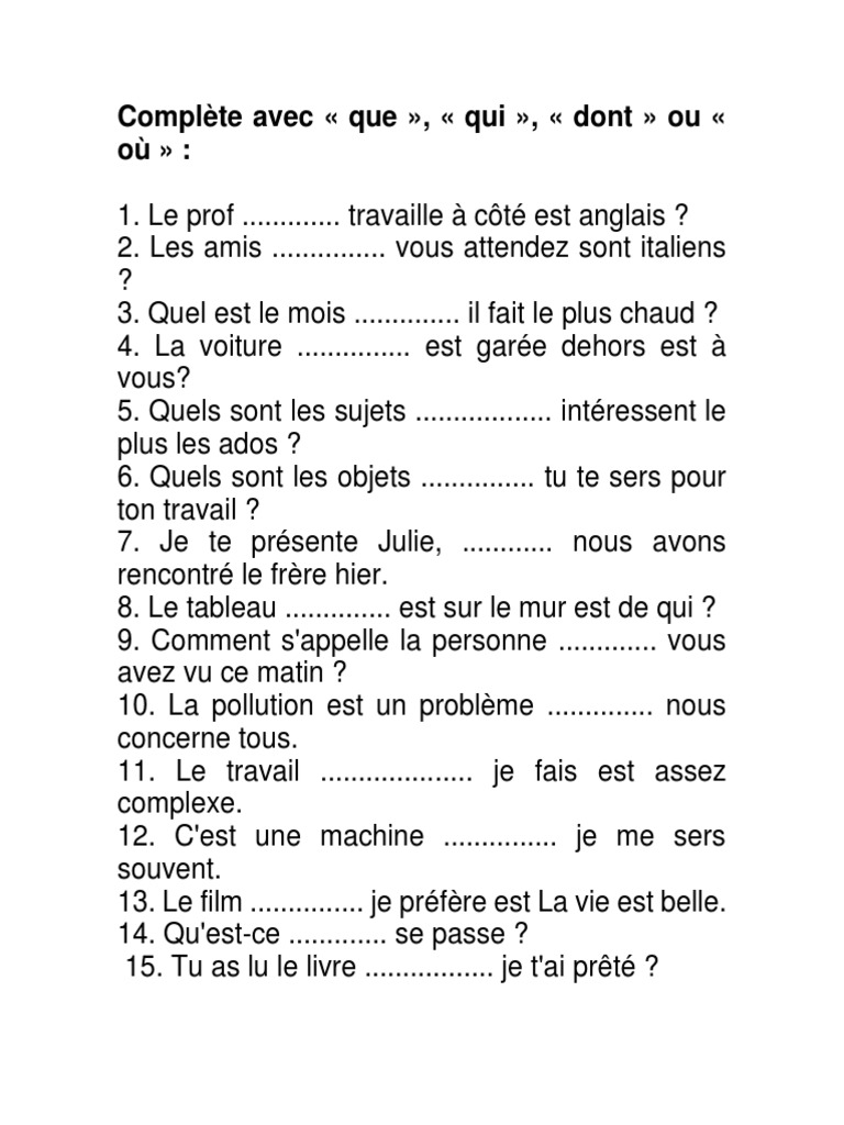 Compl te Avec Que Qui Dont Ou O PDF