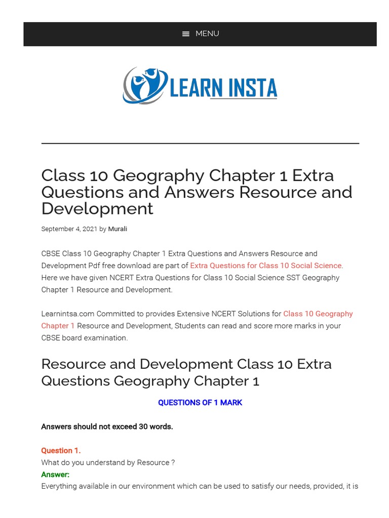 WWW Learninsta Com Extra Questions For Class 10 Social Science Geography Chapter | PDF ...