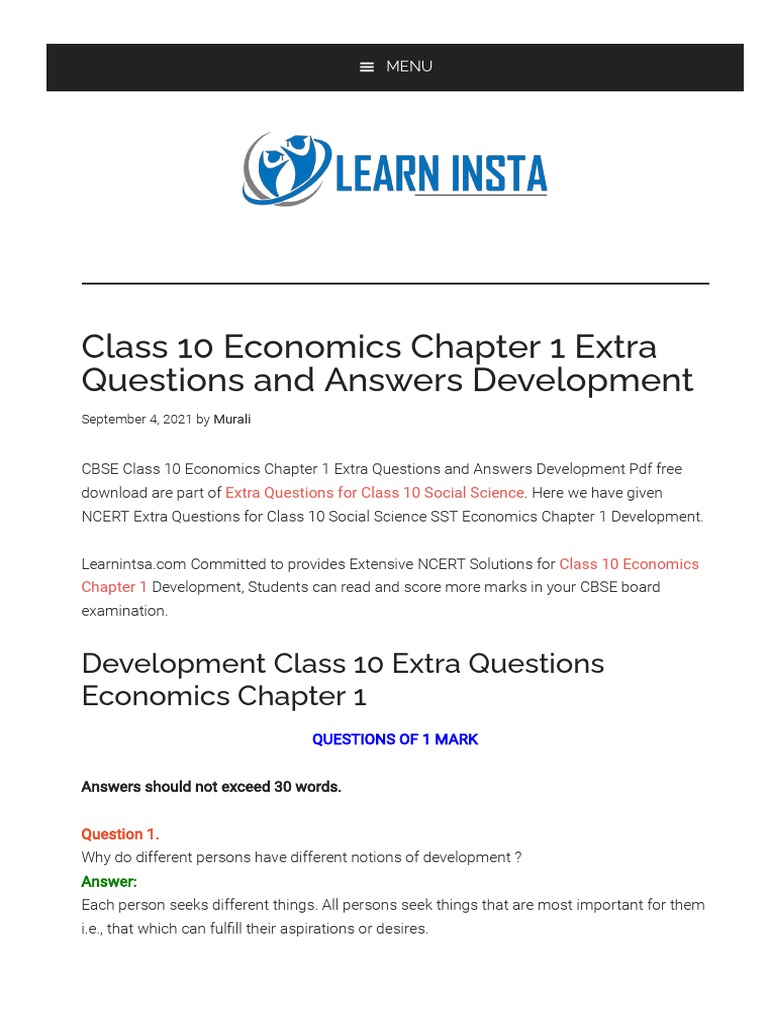 WWW Learninsta Com Extra Questions For Class 10 Social Science Economics Chapter | PDF | Human ...