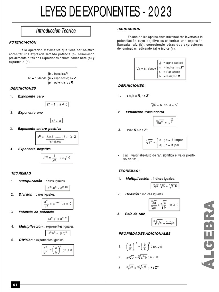 Tema 01 Leyes de Exponentes | PDF | Exponenciación | Multiplicación