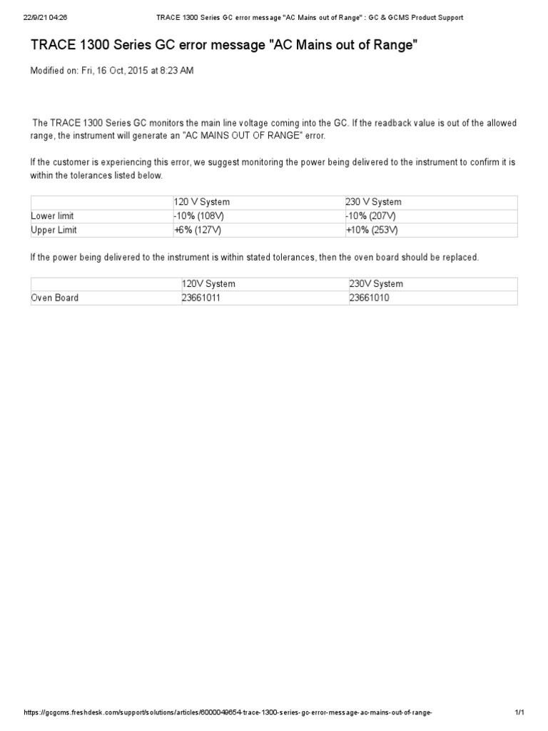 TRACE 1300 Series GC Error Message - AC Mains Out of Range - GC & GCMS ...