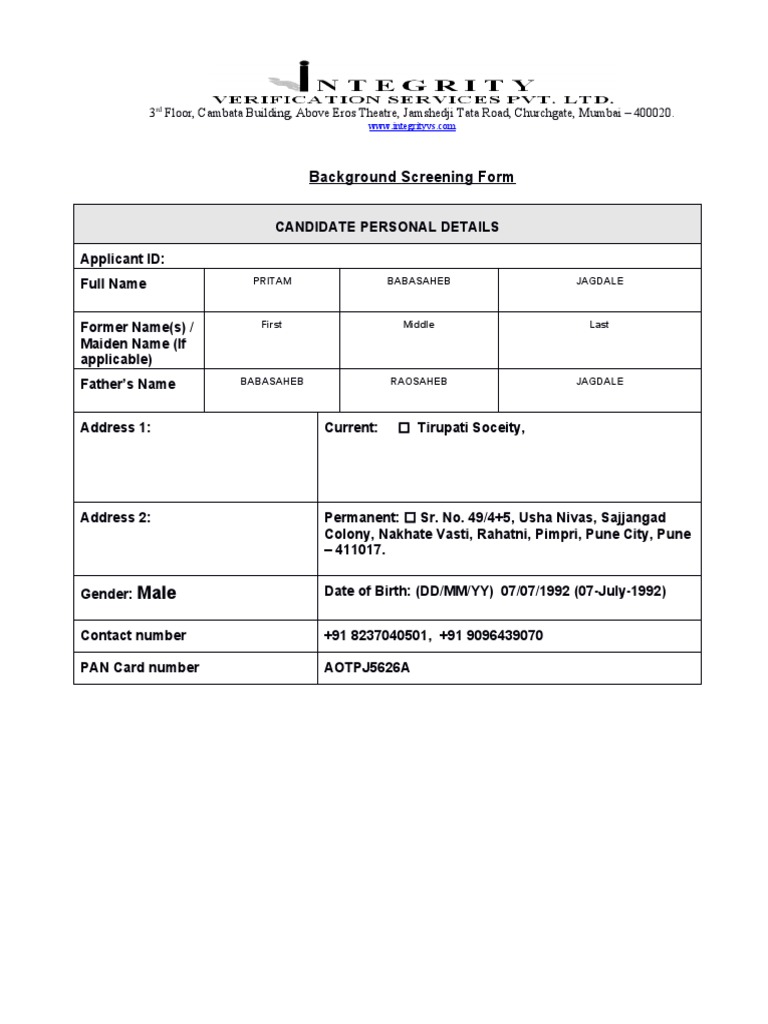 Background Verification Form | PDF