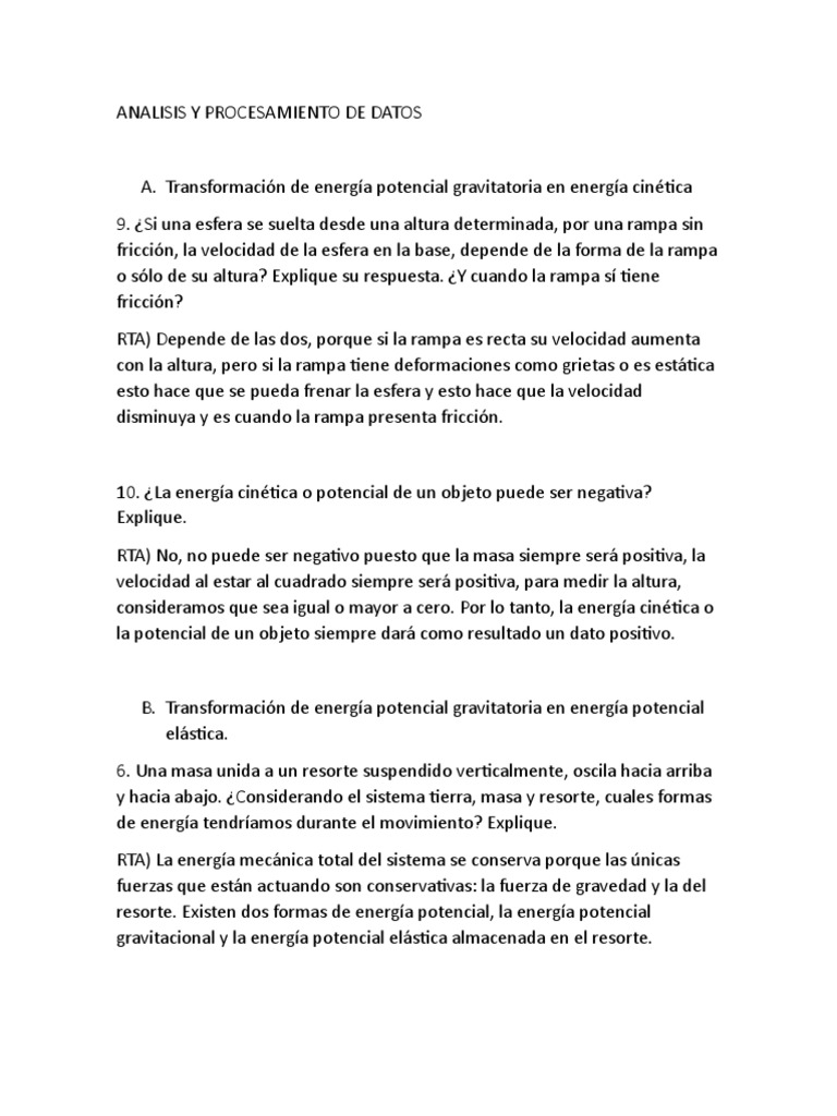Conservación de La Energía, Respuestas A Preguntas Teoricas | PDF | Energía potencial | Fricción