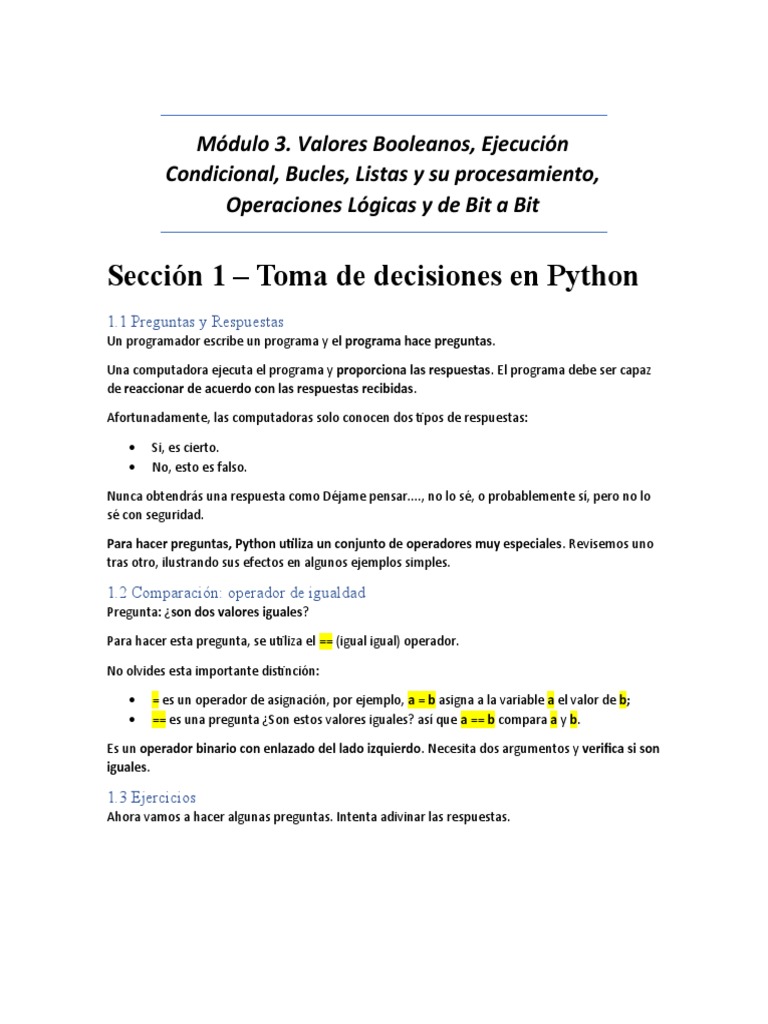 Módulo 3. Valores Booleanos, Ejecución Condicional, Bucles, Listas y Su Procesamiento ...