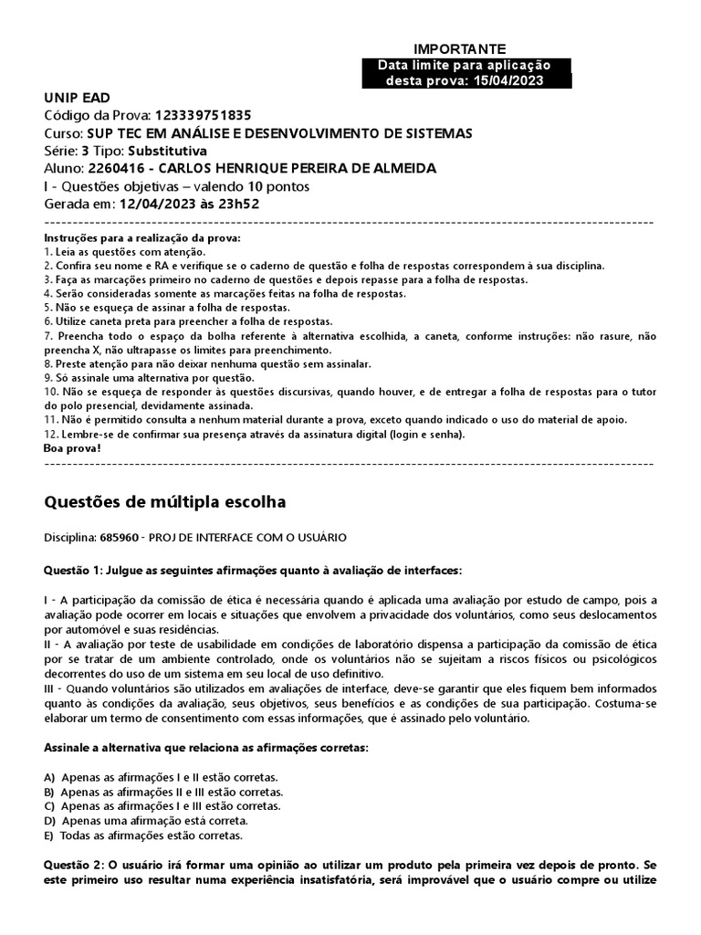 Prova Projeto Interface | PDF | Usabilidade | Experiência de usuário