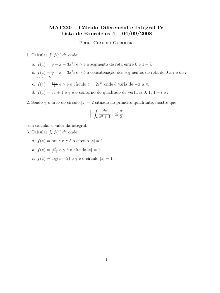MAT220 - C Alculo Diferencial e Integral IV Lista de Exerc Icios 4 - 04/09/2008 | PDF