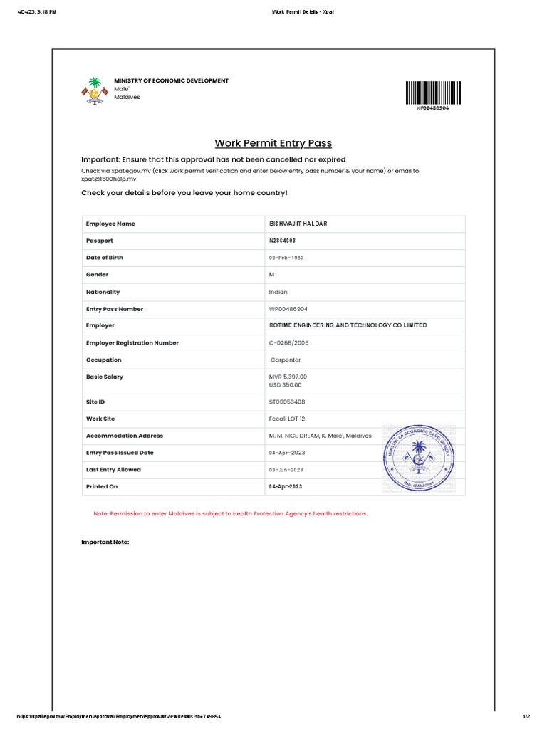 Work Permit Entry Pass: Important: Ensure That This Approval Has Not ...