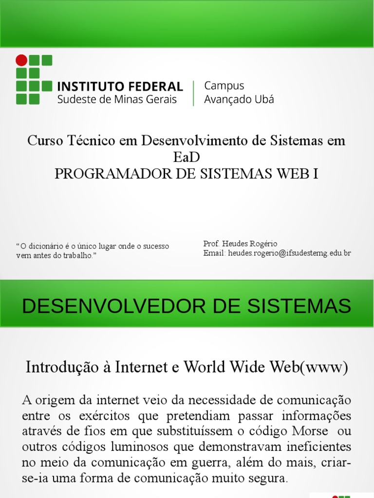 Curso Técnico em Desenvolvimento de Sistemas em Ead Programador de Sistemas Web I | PDF | Rede ...