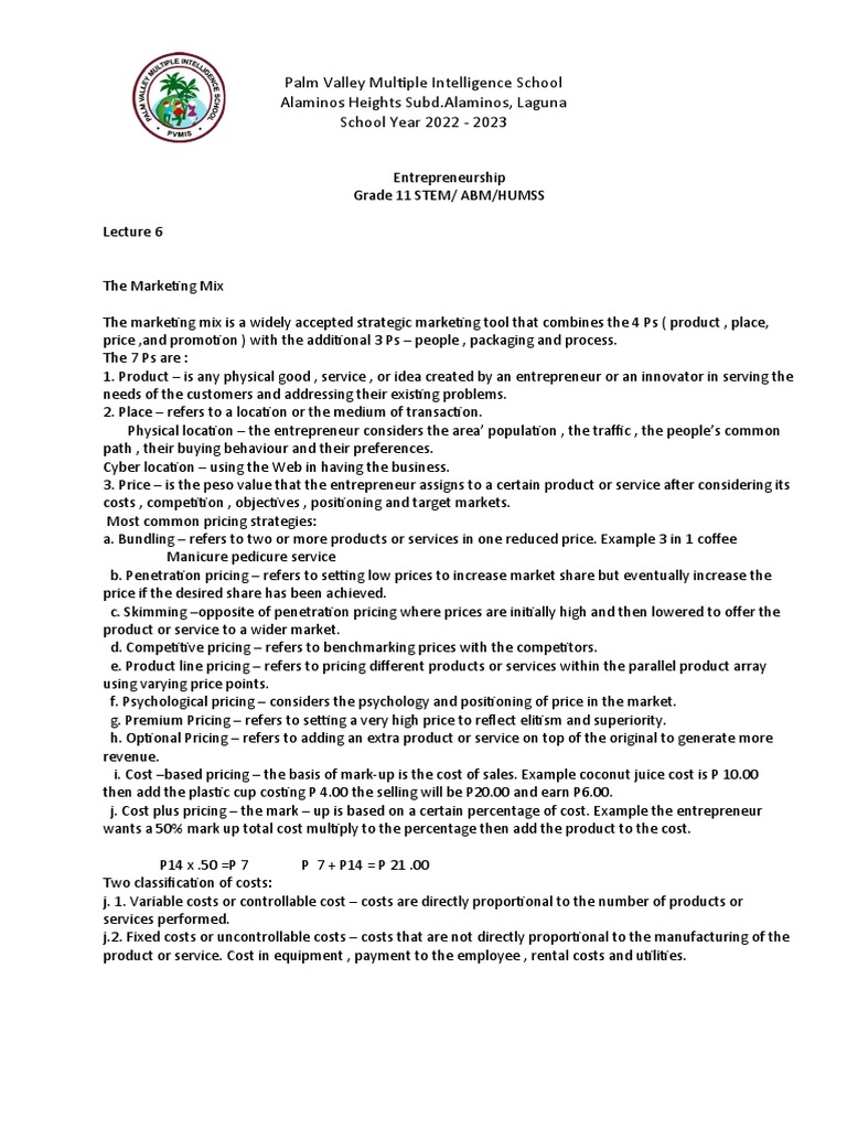 Lesson 6 Entrep | PDF | Pricing | Advertising