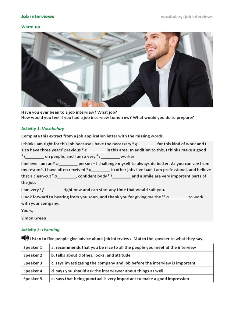 Job Interviews: Warm-Up | PDF | Job Interview | Cognitive Science