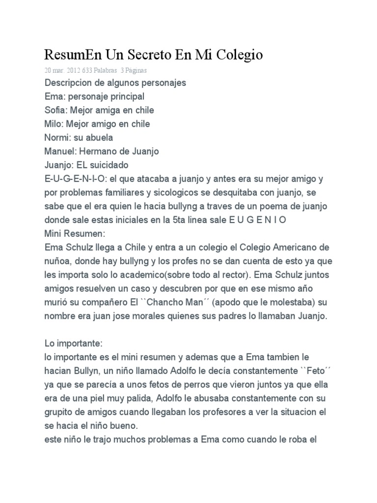 ResumEn Un Secreto en Mi Colegio | PDF