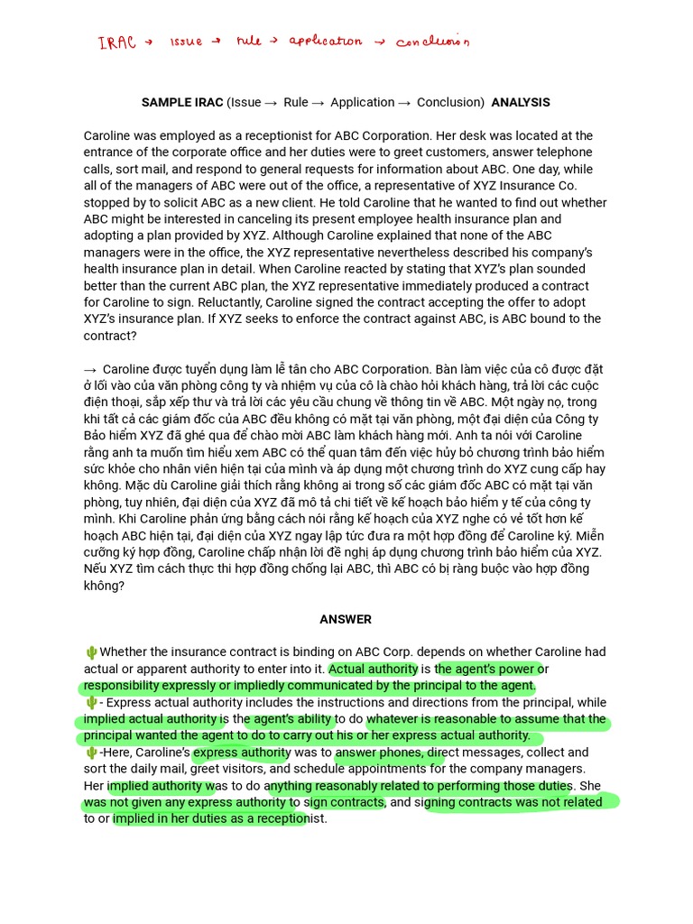 SAMPLE IRAC (Issue Rule Application Conclusion) ANALYSIS | PDF