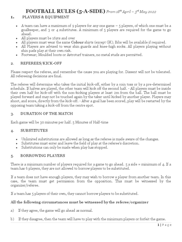 Football Rules (5-A-Side) : Players & Equipment | PDF | Football Codes ...