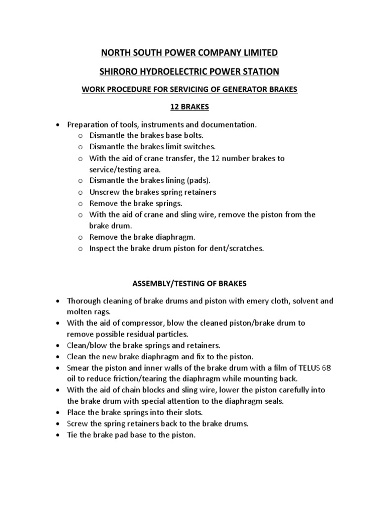 Servicing Generator Brakes Procedure | PDF | Brake | Piston
