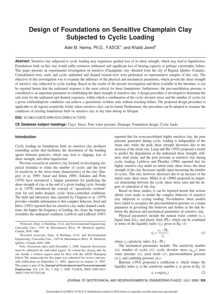 Design of Foundations On Sensitive Champlain Clay Subjected To Cyclic ...