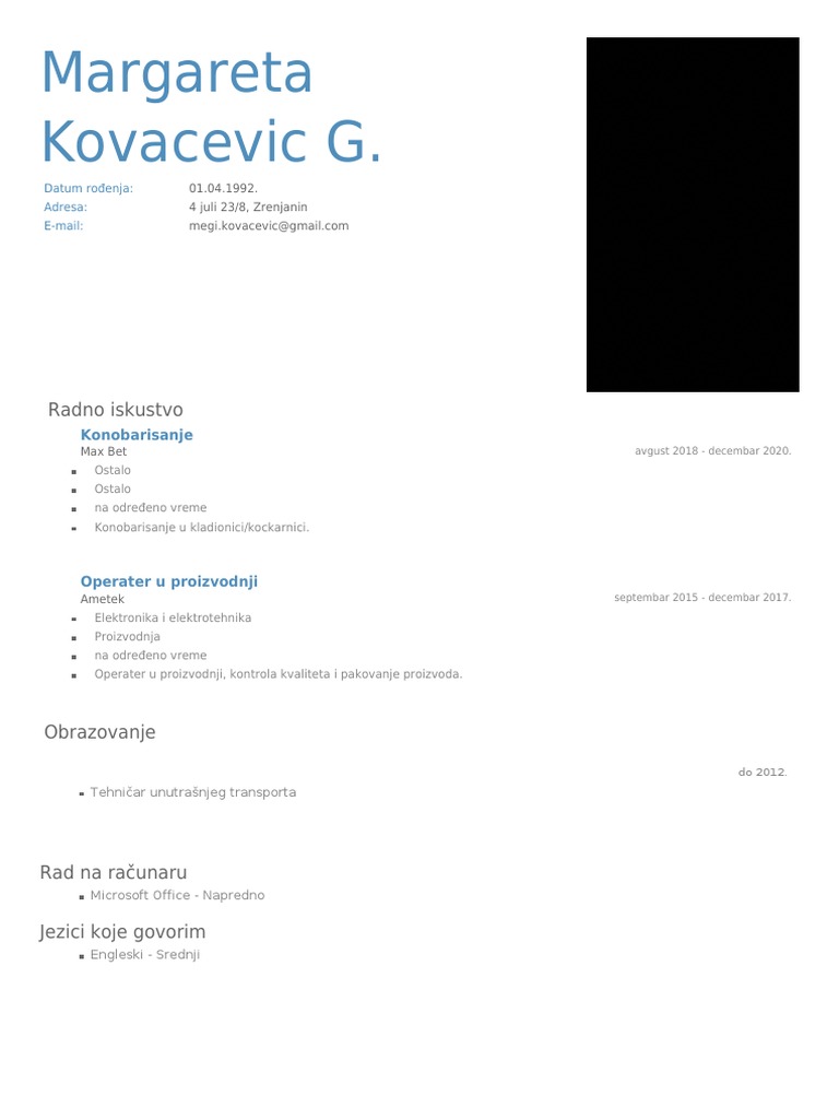 Margareta Kovacevic G.: Radno Iskustvo | PDF
