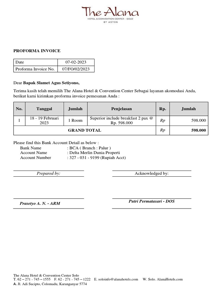 Proforma Invoice Bapak Slamet Agus Setiyono | PDF