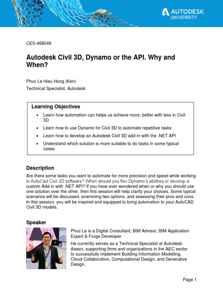 Autodesk Civil 3D, Dynamo or The API. Why and When?: Learning Objectives | PDF | Building ...