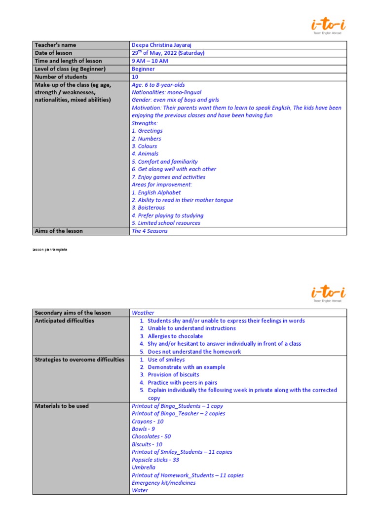 Deepa Christina - Lesson Plan | PDF | Lesson Plan | Behavior Modification