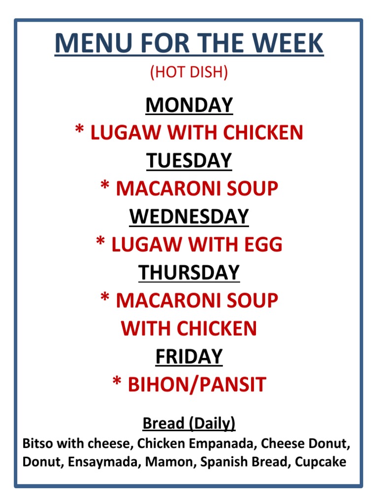 Weekly Hot Dish Menu & Breads | PDF
