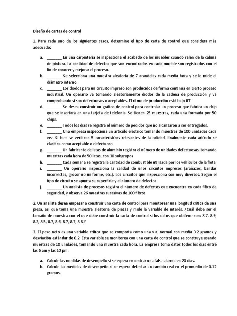 Ejercicios Propuestos - Diseño de Cartas de Control | PDF | Desviación Estándar | Circuito integrado