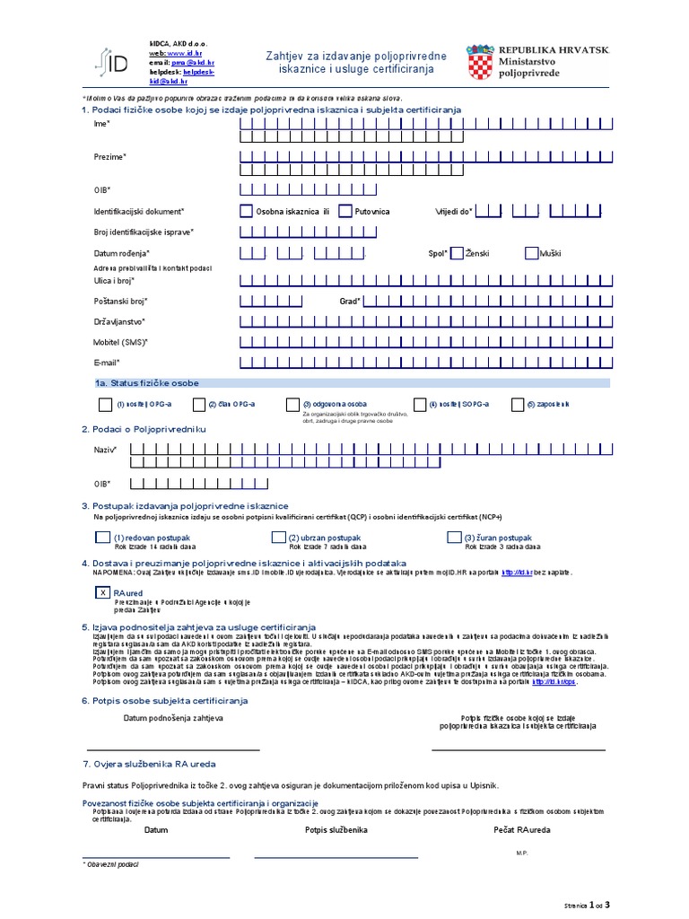 Zahtjev Za Izdavanje Poljoprivredne Iskaznice I Usluge Certificiranja | PDF