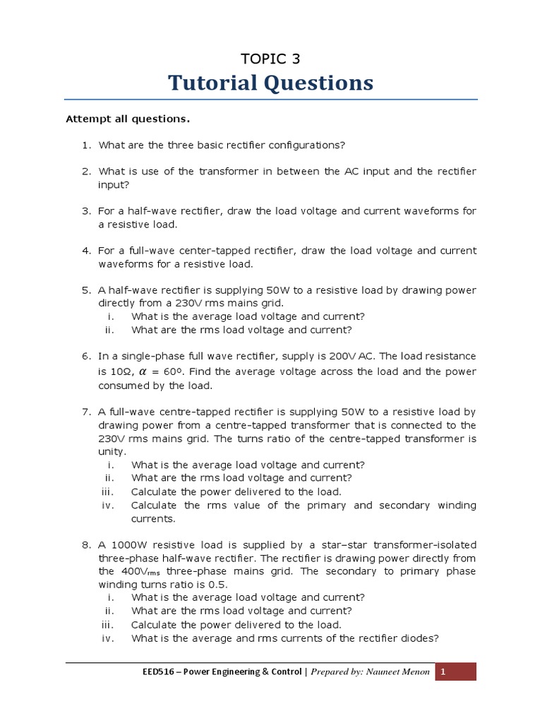 Rectifier Configurations and Operation: Tutorial Questions on Deriving Load Voltages and ...