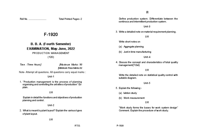 BBA Production Management Exam Paper | PDF