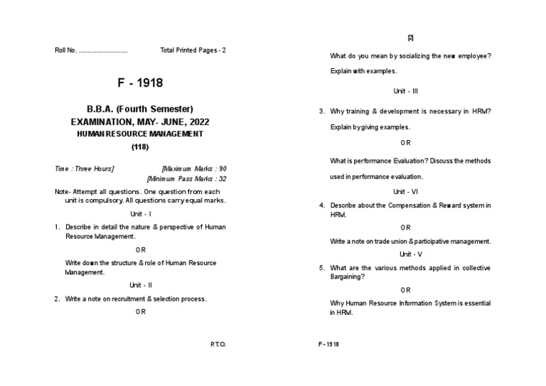 F-1918-B.b.a - Semester-Iv - Paper - HRM | PDF | Human Resource ...