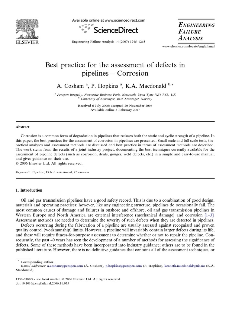 Best Practice For The Assessment of Defects in Pipelines - Corrosion | PDF | Strength Of ...