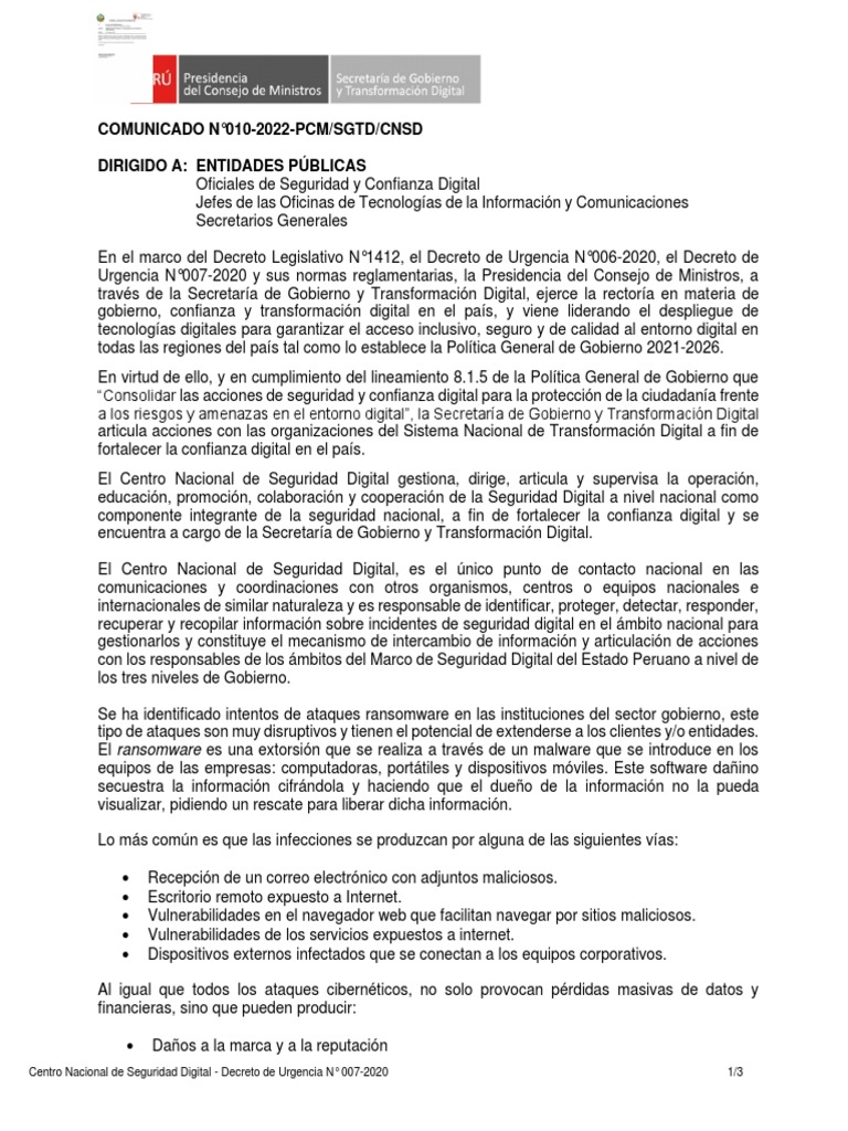 Comunicado 010-CNSD 16052022 | PDF | Secuestro de datos | La seguridad informática
