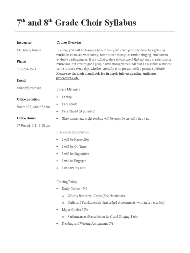 7th and 8th Grade Choir Syllabus | PDF | Singing | Vocal Pedagogy 7th and 8th Grade Choir Syllabus | PDF | Singing | Vocal Pedagogy