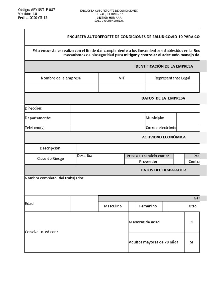 APY-SST - F-087 Encuesta Autoreporte de Condiciones de Salud Covid-19 ... APY-SST - F-087 Encuesta Autoreporte de Condiciones de Salud Covid-19 ...