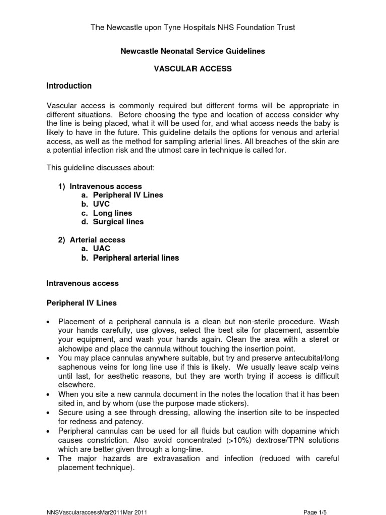 Newcastle Neonatal Service Guidelines Vascular Access | PDF ...