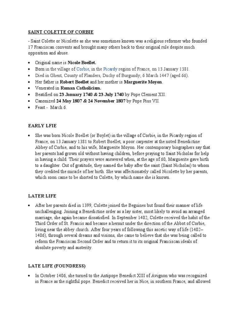 Saint Colette of Corbie: Life and Legacy | PDF | History | Religion ...