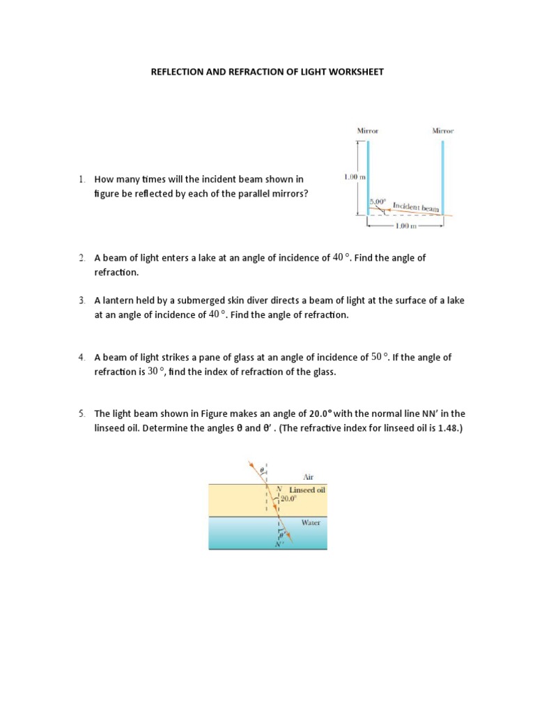 Relection and Refraction of Light Worksheet | PDF