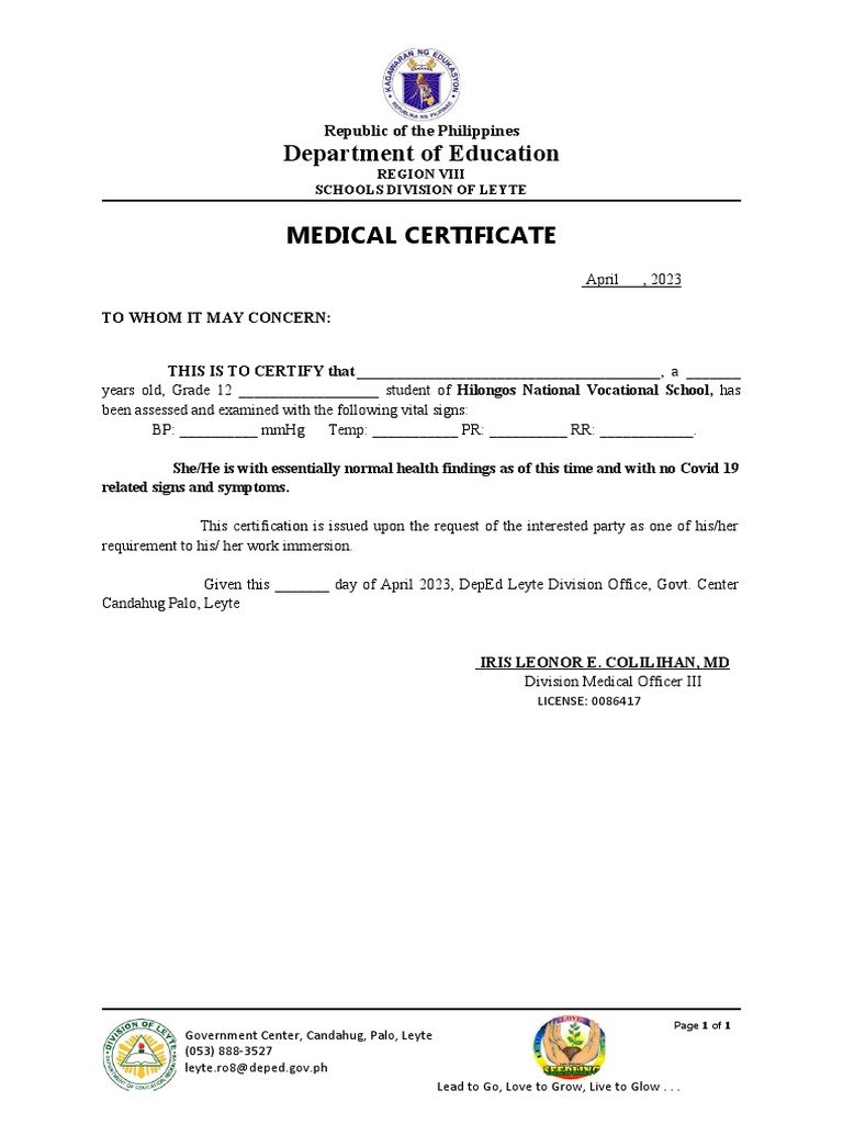Medical Certificate Work Immersion | PDF