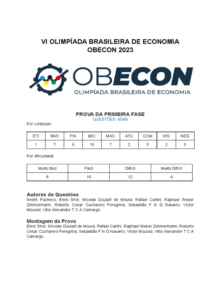 OBECON 2023 - Prova Da Primeira Fase Com Gabarito | PDF | Economia ...