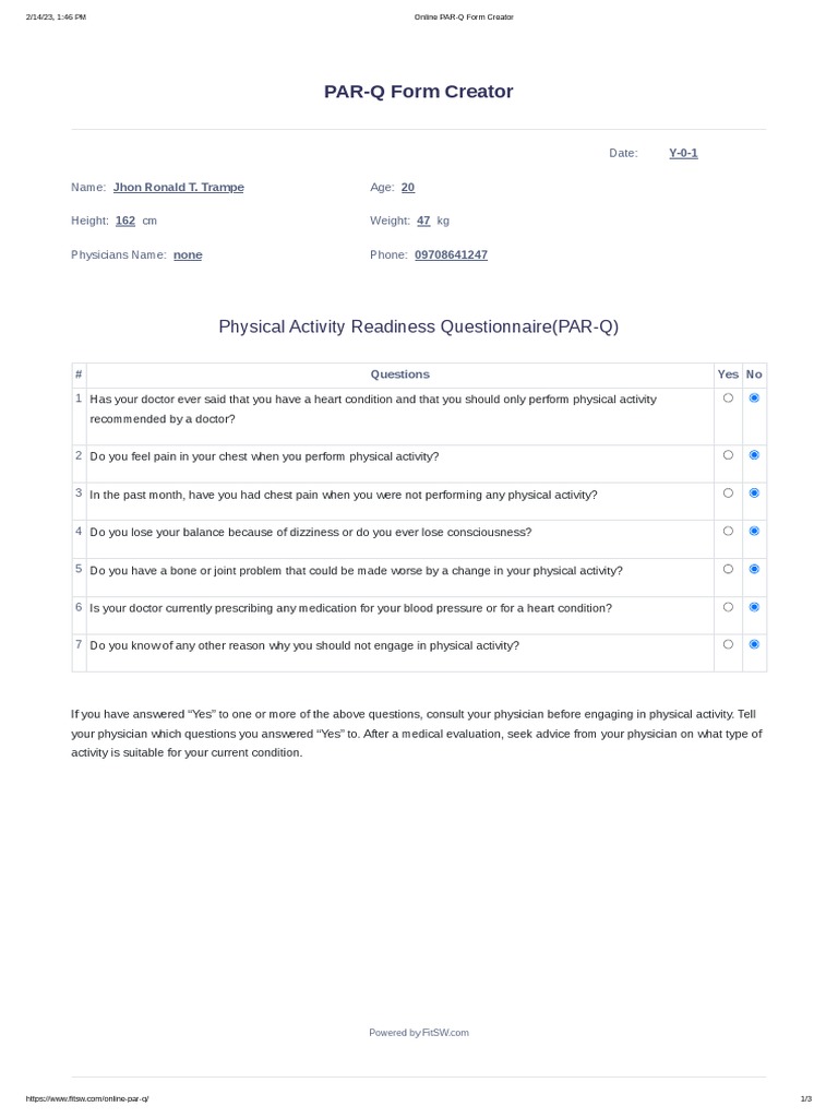 Online PAR-Q Form 2023 | PDF | Hypertension | Human Diseases And Disorders