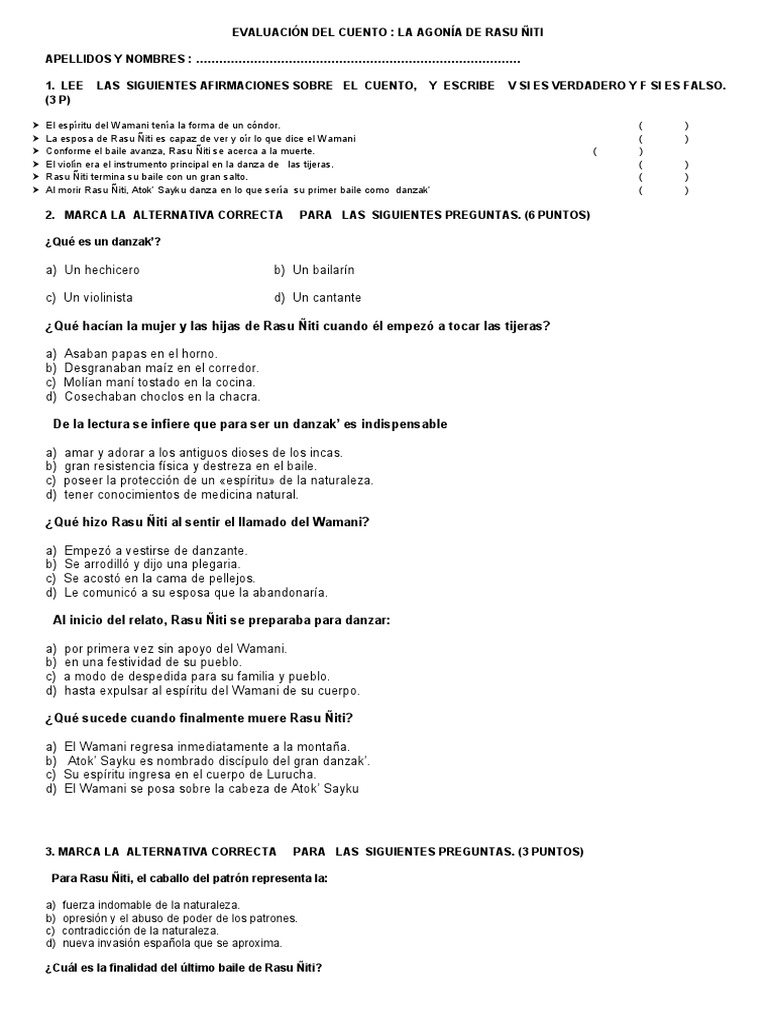 EVALUACIÓN DEL CUENTO La Agonia de Rasu Ñiti | PDF | Bailes