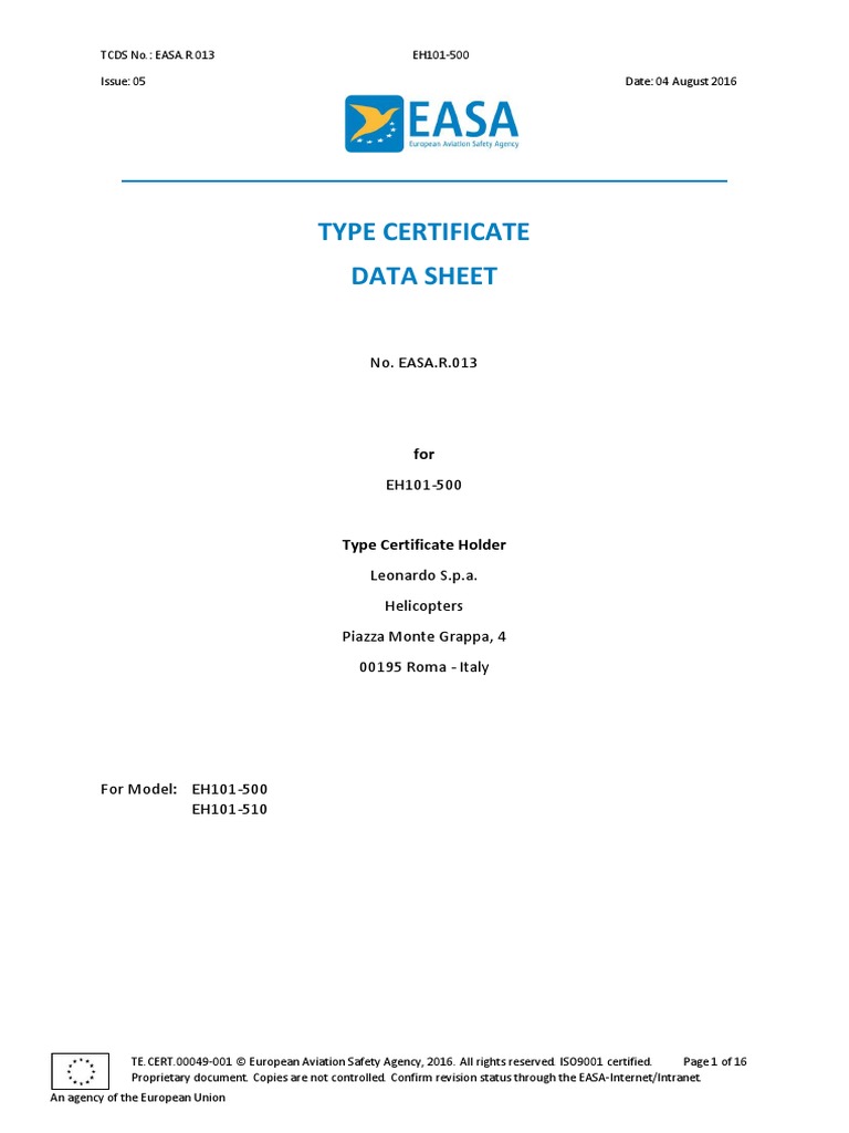 TCDS-EASA-R-013 - EH101-500 - Issue - 05 | PDF | Helicopter | Landing Gear