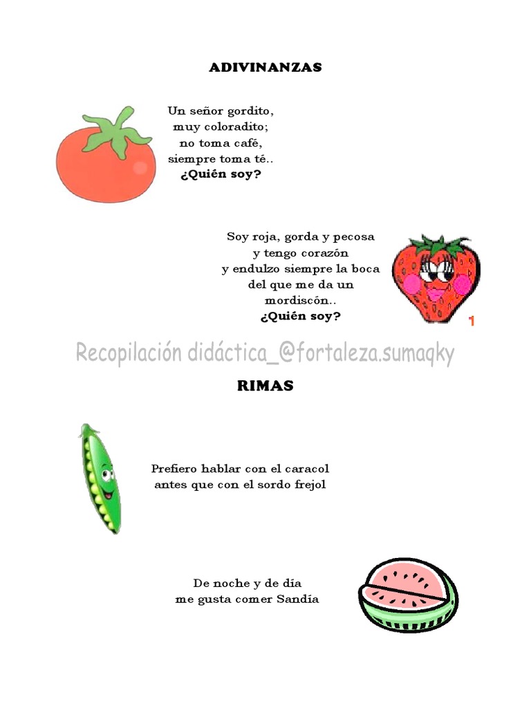Tarea escolar: Adivinanza y Rima de fruta y verdura | PDF