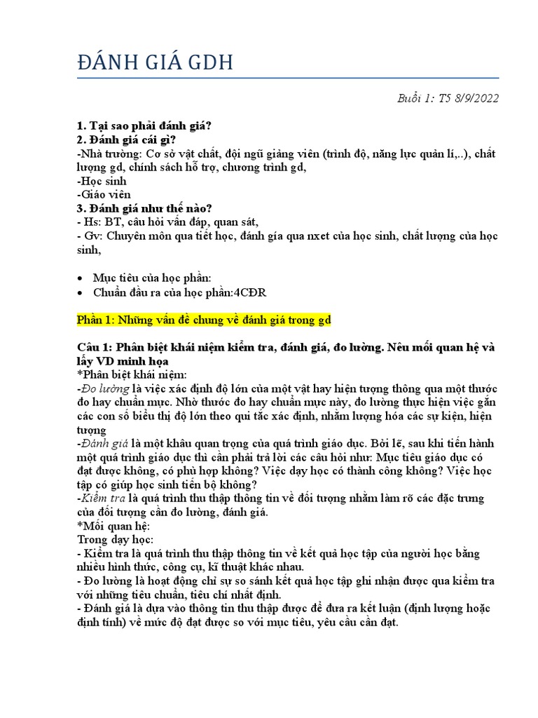 Đánh Giá Gdh: 1. Tại sao phải đánh giá? 2. Đánh giá cái gì? | PDF