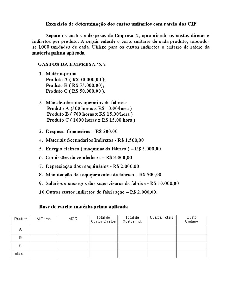 B. Rateio dos CIF's - exercício | PDF